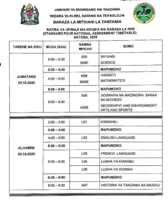 NECTA: Ratiba ya Mtihani Darasa la Nne – SFNA Time Table 2025 - Senkolink